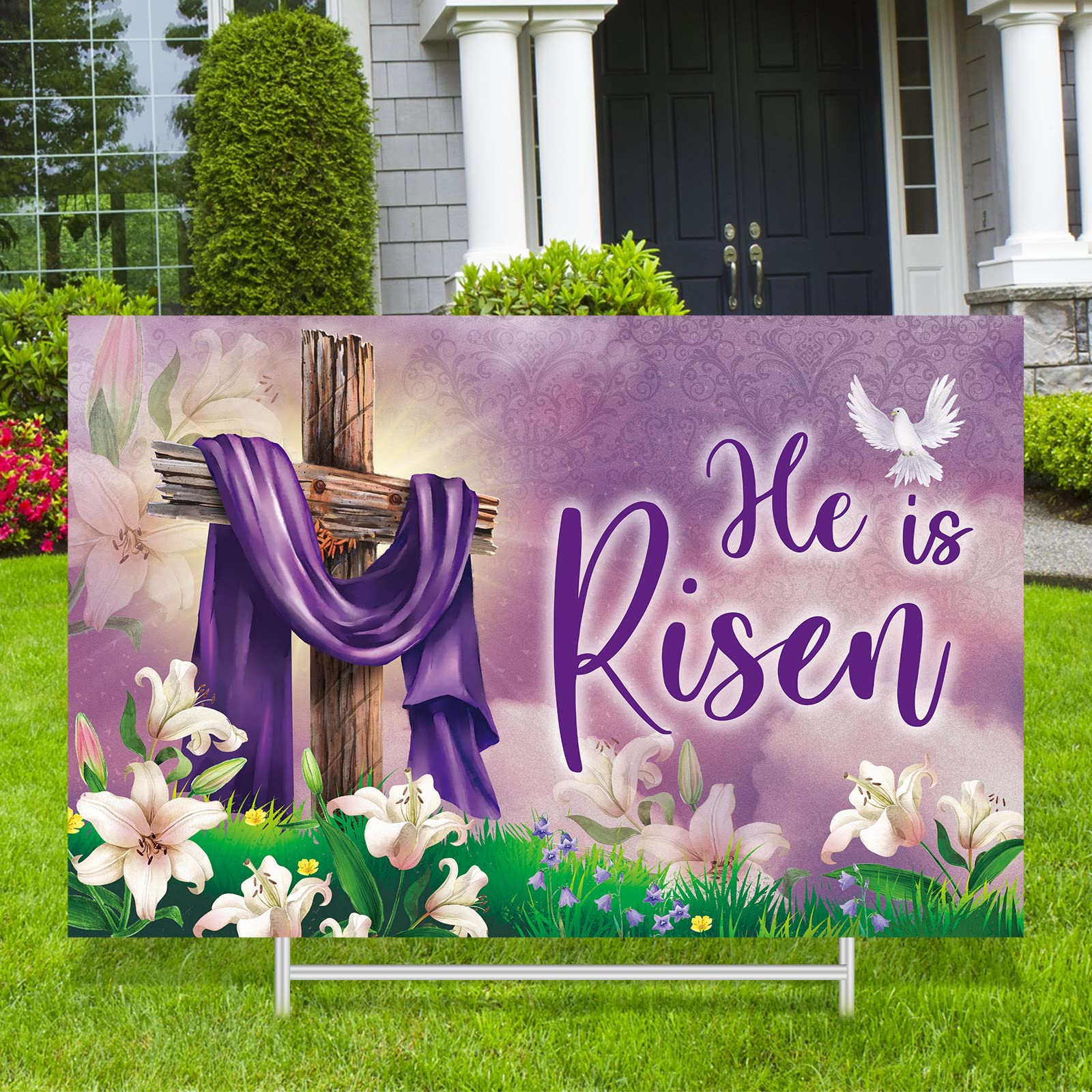 Easter Yard Sign with Metal Stakes Religious Waterproof Lawn Sign Christian Holiday Party Decorations Supplies Outdoor Decoration He Is Risen Party Yardy Sign Lawn Decorations for Garden Yard Props