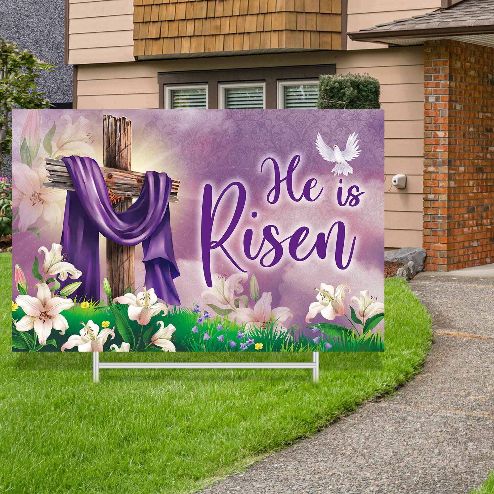 Easter Yard Sign with Metal Stakes Religious Waterproof Lawn Sign Christian Holiday Party Decorations Supplies Outdoor Decoration He Is Risen Party Yardy Sign Lawn Decorations for Garden Yard Props