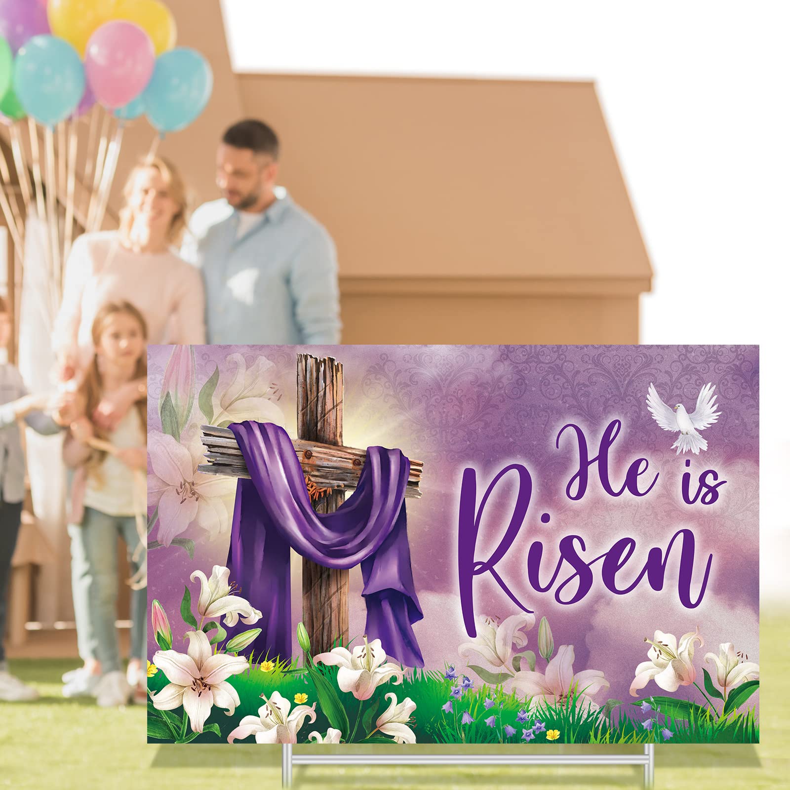 Easter Yard Sign with Metal Stakes Religious Waterproof Lawn Sign Christian Holiday Party Decorations Supplies Outdoor Decoration He Is Risen Party Yardy Sign Lawn Decorations for Garden Yard Props