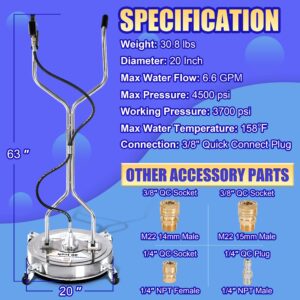 PWACCS 20" Pressure Washer Surface Cleaner, Stainless Steel Power Wash Surface Washer with Dual Handle & 4 Wheels, 4500 PSI Pressure Washer Scrubber for Cleaning Concrete, Cement, Patios and Driveways