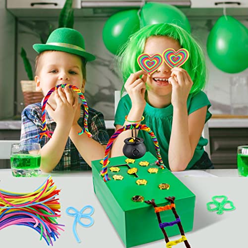 DIY Leprechaun Trap Kit for St. Patrick's Day, Including 50pcs Shamrock Glod Coins,100pcs Multi-Color Pipe Cleaners,2pcs Candy Cauldron Kettles,15Pcs Green Adhesive Paper