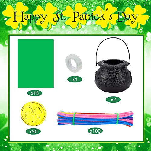 DIY Leprechaun Trap Kit for St. Patrick's Day, Including 50pcs Shamrock Glod Coins,100pcs Multi-Color Pipe Cleaners,2pcs Candy Cauldron Kettles,15Pcs Green Adhesive Paper