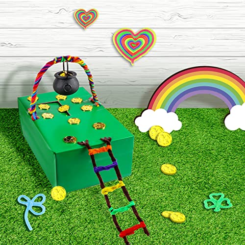 DIY Leprechaun Trap Kit for St. Patrick's Day, Including 50pcs Shamrock Glod Coins,100pcs Multi-Color Pipe Cleaners,2pcs Candy Cauldron Kettles,15Pcs Green Adhesive Paper