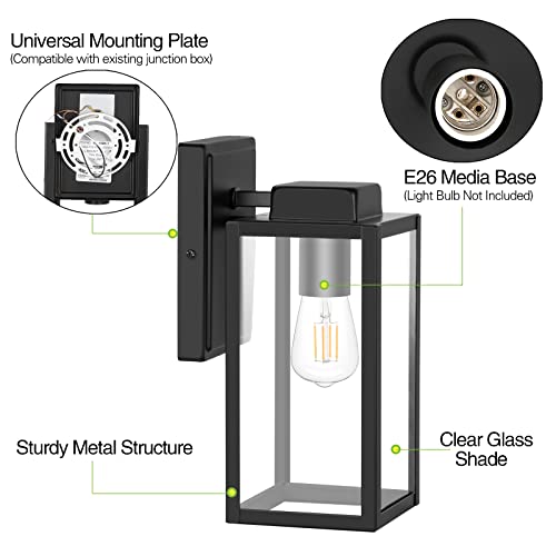 Outdoor Wall Lantern, Waterproof Exterior Wall Sconce Light Fixture, Anti-Rust Wall Mount Light with Clear Glass Shade, Matte Black Wall Lamp with E26 Socket for Porch, Front Door (Bulb Not Included)