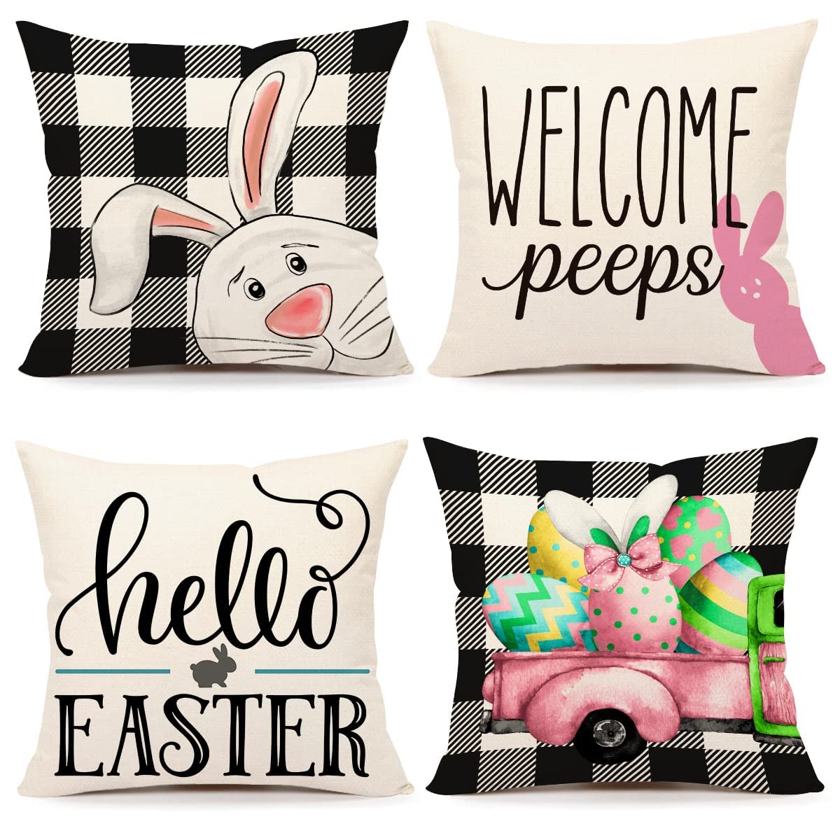 Easter Outdoor Pillow Covers, 18 x 18 inch Set of 4 Waterproof Throw Pillow Cases, Bunny Cushion Decor for Home Outside Patio Front Porch House Farmhouse B