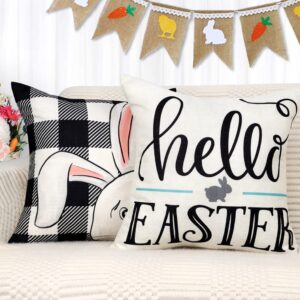 Easter Outdoor Pillow Covers, 18 x 18 inch Set of 4 Waterproof Throw Pillow Cases, Bunny Cushion Decor for Home Outside Patio Front Porch House Farmhouse B