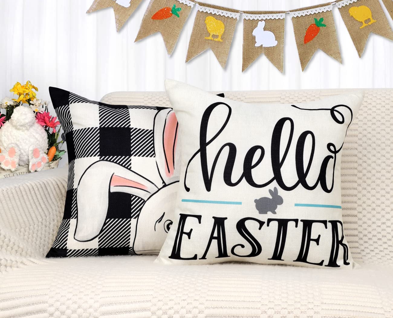 Easter Outdoor Pillow Covers, 18 x 18 inch Set of 4 Waterproof Throw Pillow Cases, Bunny Cushion Decor for Home Outside Patio Front Porch House Farmhouse B