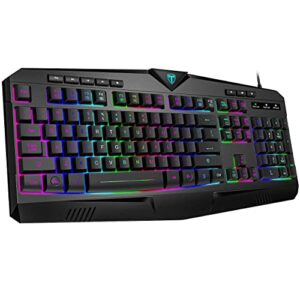 dacoity gaming keyboard, full size rgb backlit quiet computer keyboard, wrist rest, silent keys, multimedia keys, anti-ghosting, waterproof light up usb wired keyboard for pc mac xbox gamer office