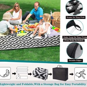 HOYJA Outdoor Plastic Straw Rug for Patio RV Camping 5 x 8ft Waterproof Black White Outdoor Area Rugs,Reversible Portable Large Floor Mat and Carpet for Oustide Deck Picnic Beach Trailer