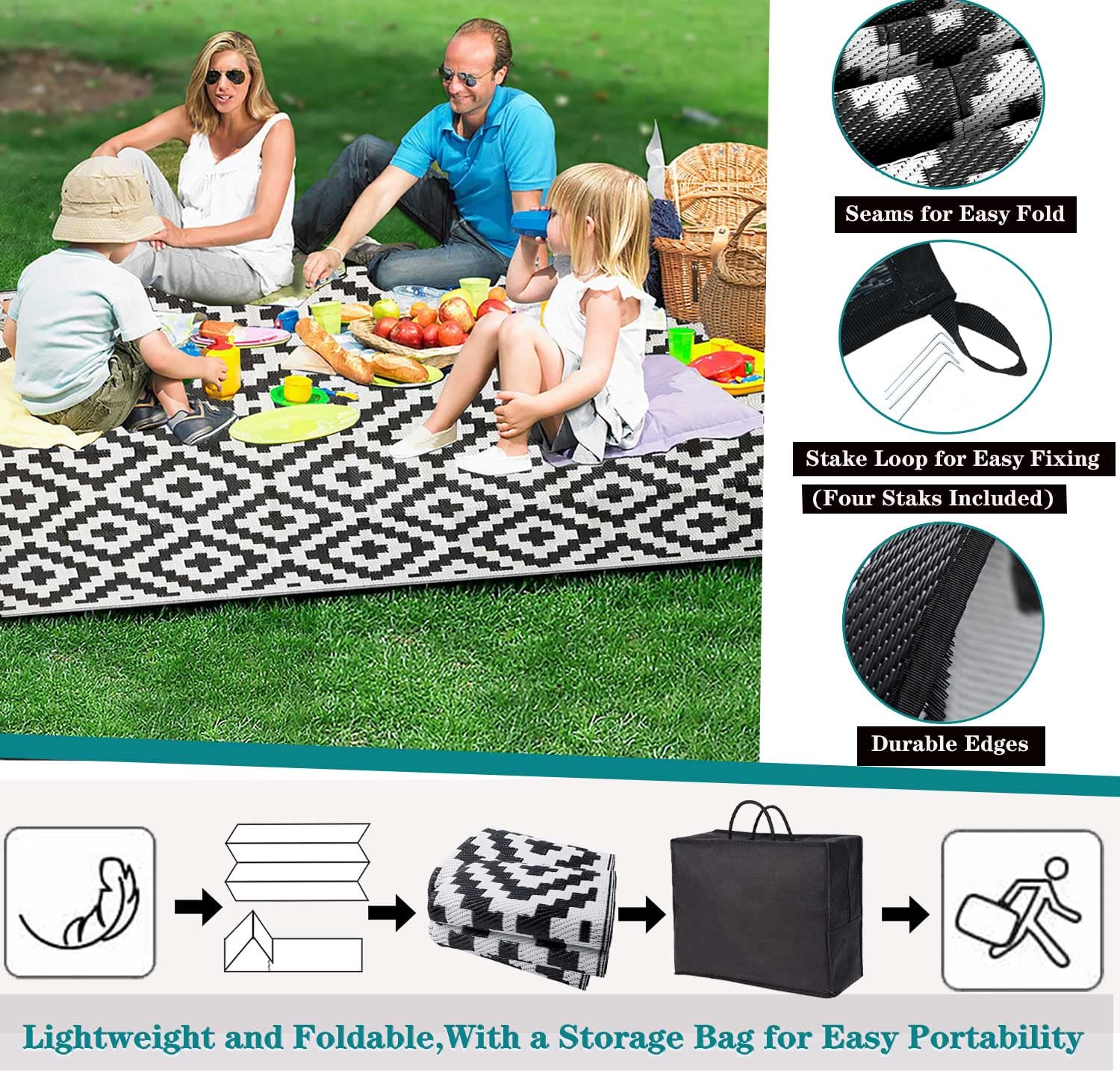 HOYJA Outdoor Plastic Straw Rug for Patio RV Camping 5 x 8ft Waterproof Black White Outdoor Area Rugs,Reversible Portable Large Floor Mat and Carpet for Oustide Deck Picnic Beach Trailer