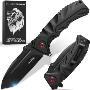 perwin pocket knife - 4” d2 steel blade g10 handle folding knife with pocket clip, one-handed flipper opening, gifts for men dad husband