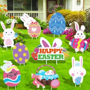 9pcs easter yard signs decorations outdoor waterproof happy easter baskets eggs bunny yard stakes sign easter lawn yard decorations for hunt game party supplies decor, easter props