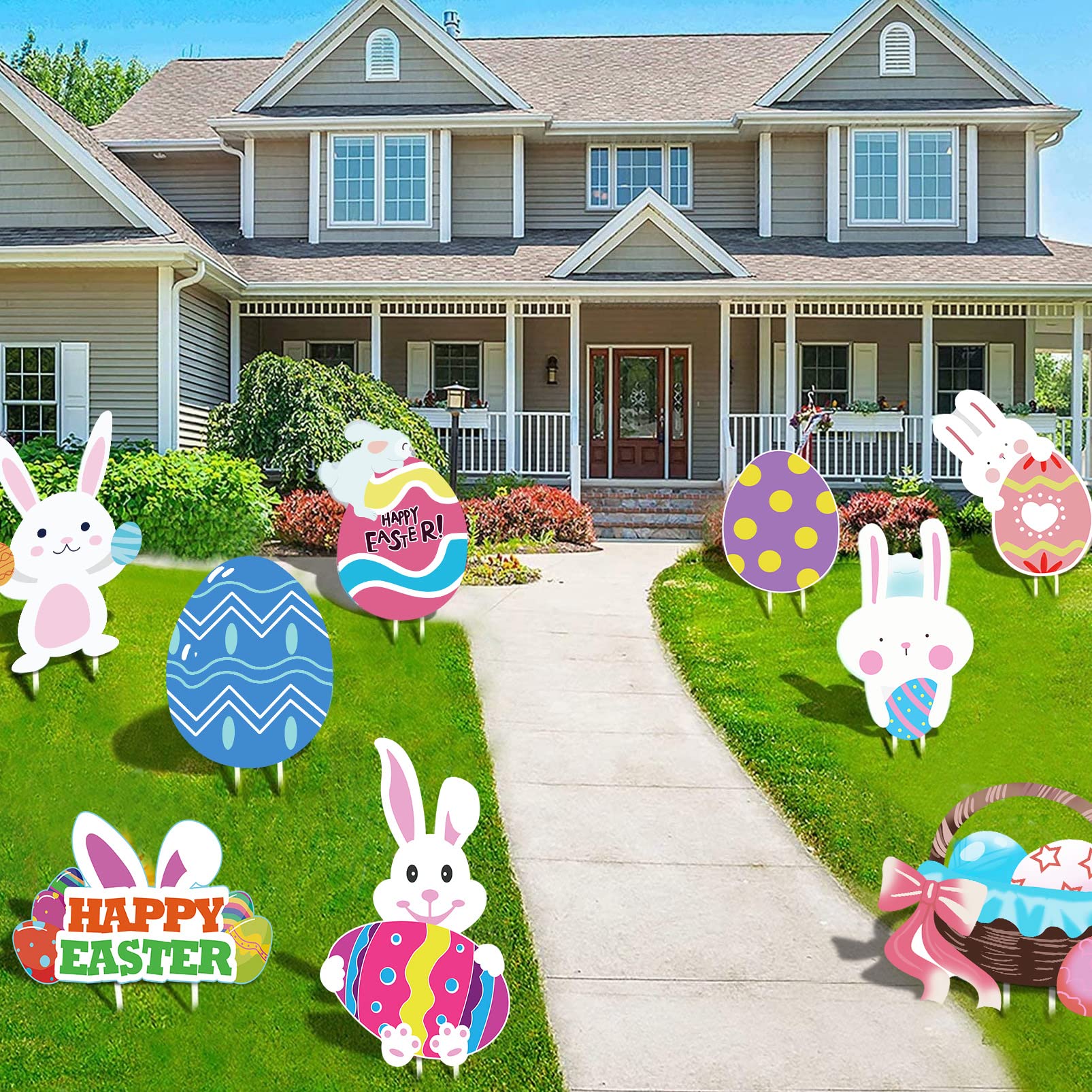 9PCS Easter Yard Signs Decorations Outdoor Waterproof Happy Easter Baskets Eggs Bunny Yard Stakes Sign Easter Lawn Yard Decorations for Hunt Game Party Supplies Decor, Easter Props