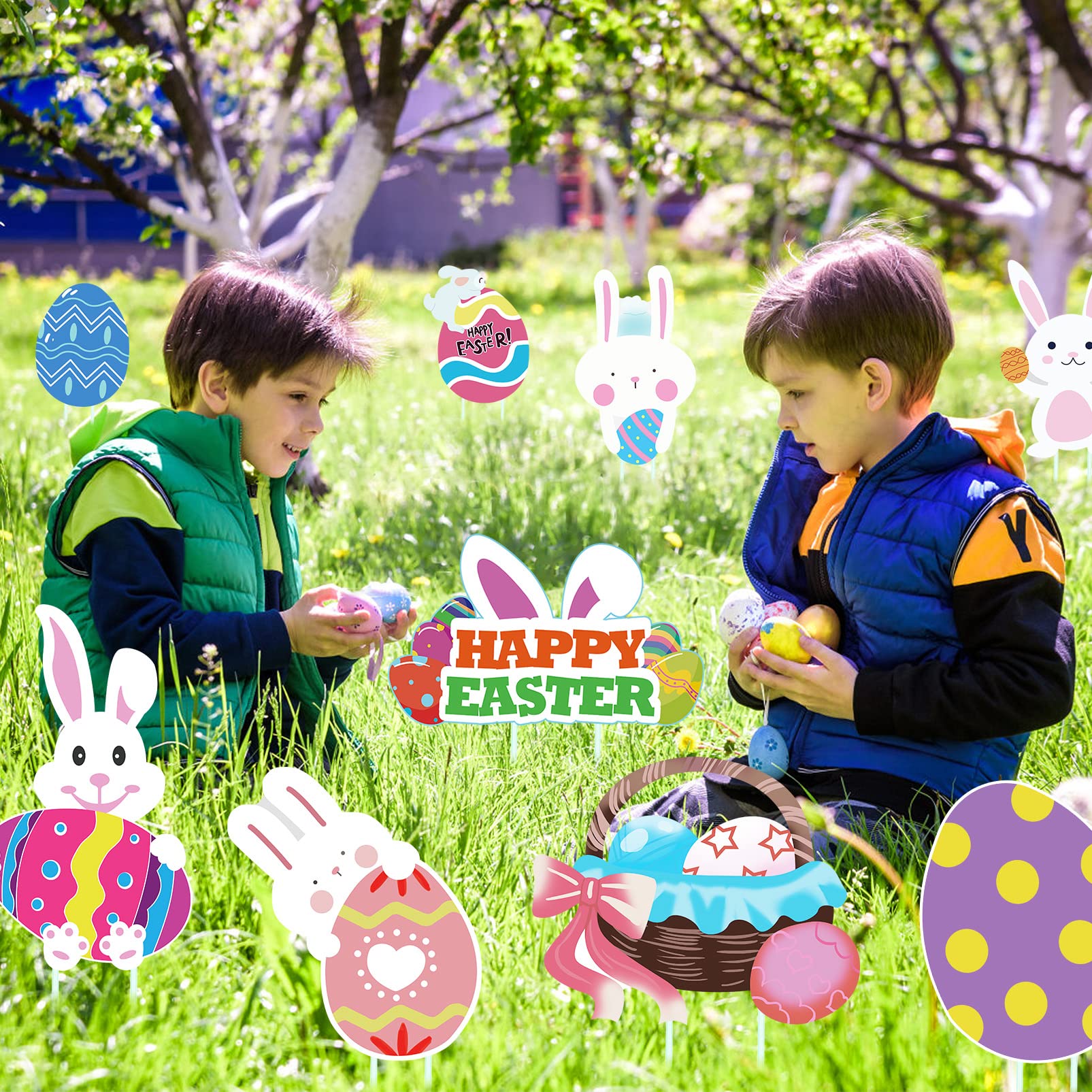 9PCS Easter Yard Signs Decorations Outdoor Waterproof Happy Easter Baskets Eggs Bunny Yard Stakes Sign Easter Lawn Yard Decorations for Hunt Game Party Supplies Decor, Easter Props