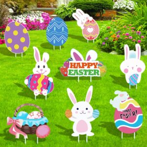 9PCS Easter Yard Signs Decorations Outdoor Waterproof Happy Easter Baskets Eggs Bunny Yard Stakes Sign Easter Lawn Yard Decorations for Hunt Game Party Supplies Decor, Easter Props