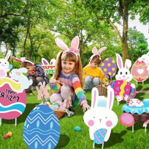 9PCS Easter Yard Signs Decorations Outdoor Waterproof Happy Easter Baskets Eggs Bunny Yard Stakes Sign Easter Lawn Yard Decorations for Hunt Game Party Supplies Decor, Easter Props