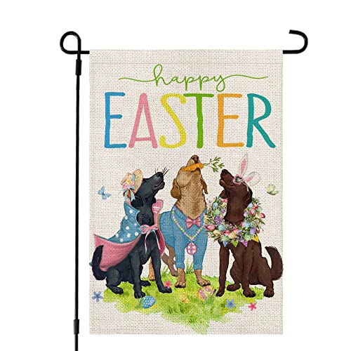 CROWNED BEAUTY Happy Easter Dogs Garden Flag 12x18 Inch Double Sided for Outside Small Burlap Floral Eggs Yard Holiday Decoration CF740-12