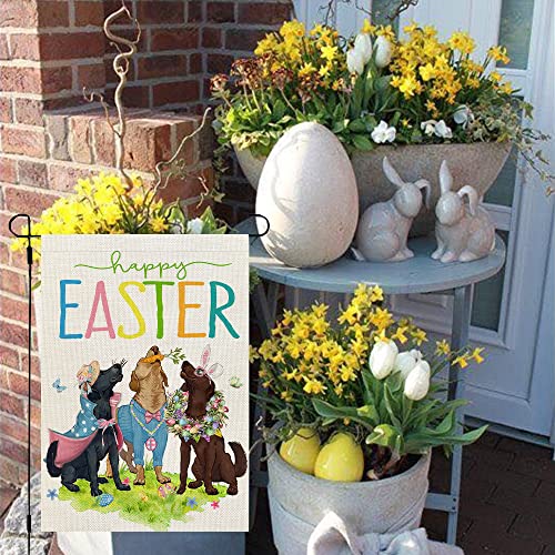 CROWNED BEAUTY Happy Easter Dogs Garden Flag 12x18 Inch Double Sided for Outside Small Burlap Floral Eggs Yard Holiday Decoration CF740-12