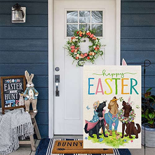 CROWNED BEAUTY Happy Easter Dogs Garden Flag 12x18 Inch Double Sided for Outside Small Burlap Floral Eggs Yard Holiday Decoration CF740-12