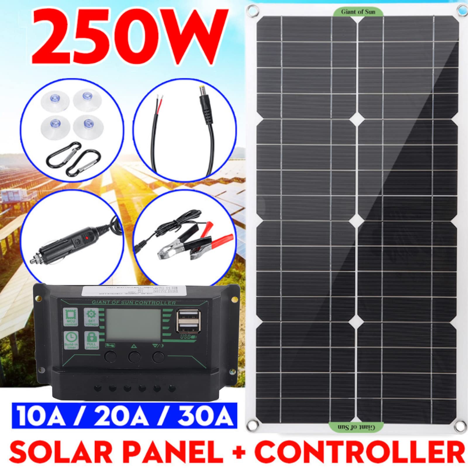 Pilipane 250W Solar Battery Charger Maintainer with 10A Charge Controller,Portable Solar Panel Kit,Monocrystalline Solar Panel Kit for 12V Battery of Car Boat Tractor Trailer RV Generator Shed Fence