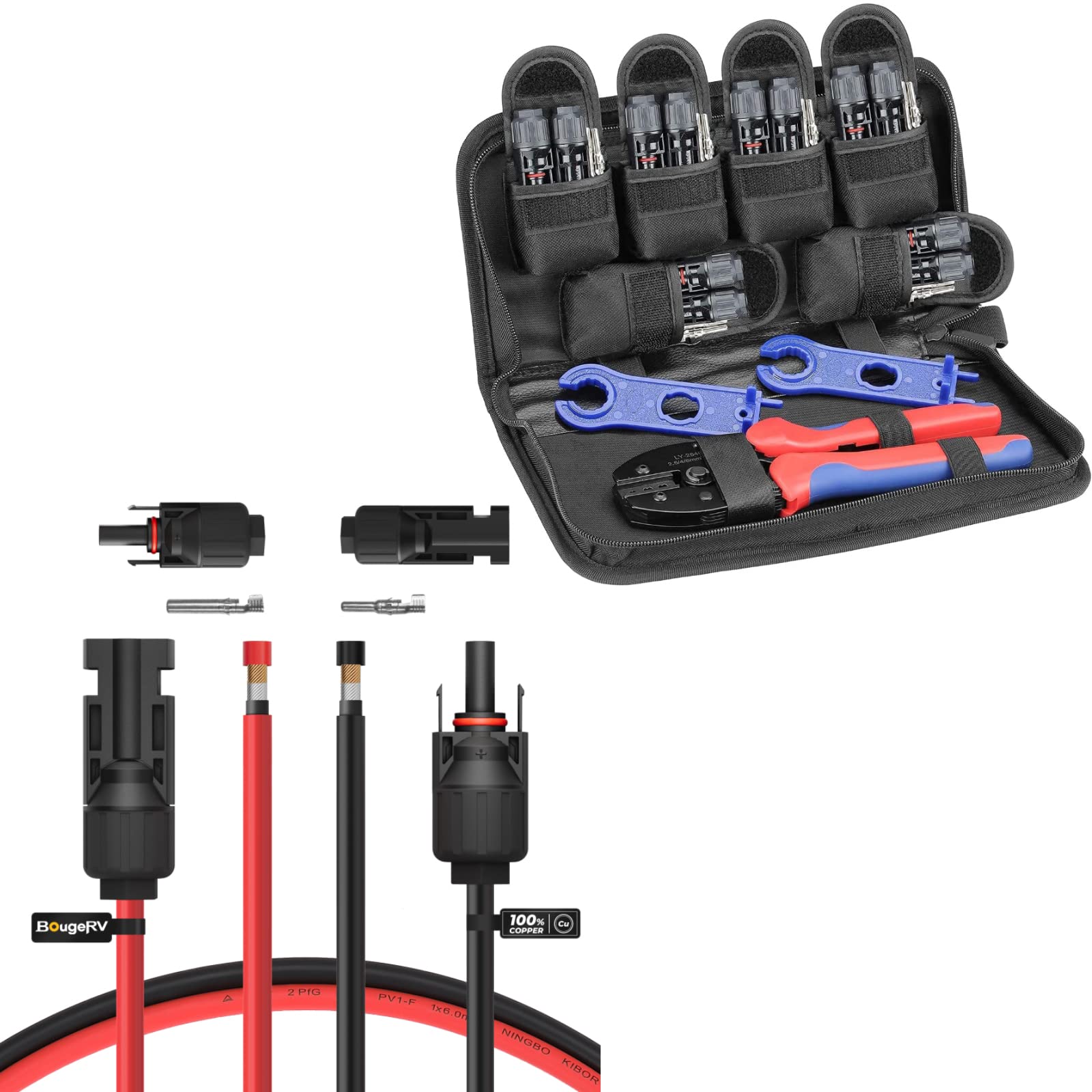 Bundle of BougeRV Solar Crimper Tool Kit and 10 Feet 12AWG Solar Extension Cable, with 1PCS Solar Crimper, 6Pairs Solar connectors and 1Pair Solar Connector Spanner Wrench, 10FT Red + 10FT Black Wire