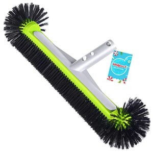 swimming pool wall & tile brush, with round ends,17.5" heavy duty aluminum back head for cleans walls, tiles & floors, 7 rows premium nylon bristles with ez clips (green black)