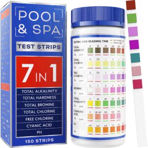 all-new 2024 pool and spa test strips 7 in 1 quick superaccurate swimming 150 pool test kit - hot tub test strips & pool water testing strips for ph chlorine bromine hardness alkalinity cyanuric acid