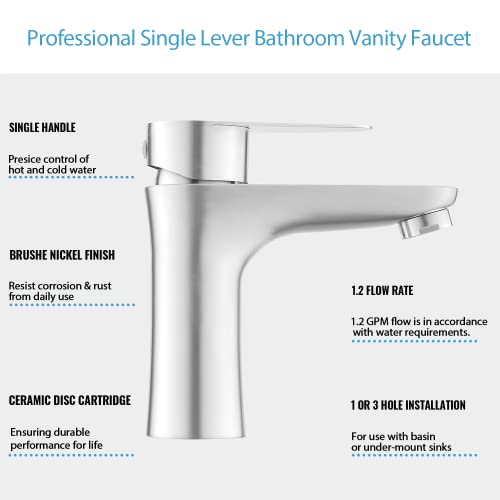 Single Handle Bathroom Faucet, Brushed Nickel Stainless Steel Bathroom Sink Faucet, Commercial Bathroom Faucets,1 Hole Deck Mount RV Mixer Tap Lavatory Vanity Sink Faucet with Supply Lines KMBF008L-1