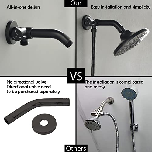 Matte Black Shower Arm with Diverter, KPSKQDZ 6 Inch 2-way All Solid Brass Shower Arm Diverter Valve for Handheld and Fixed Shower Head