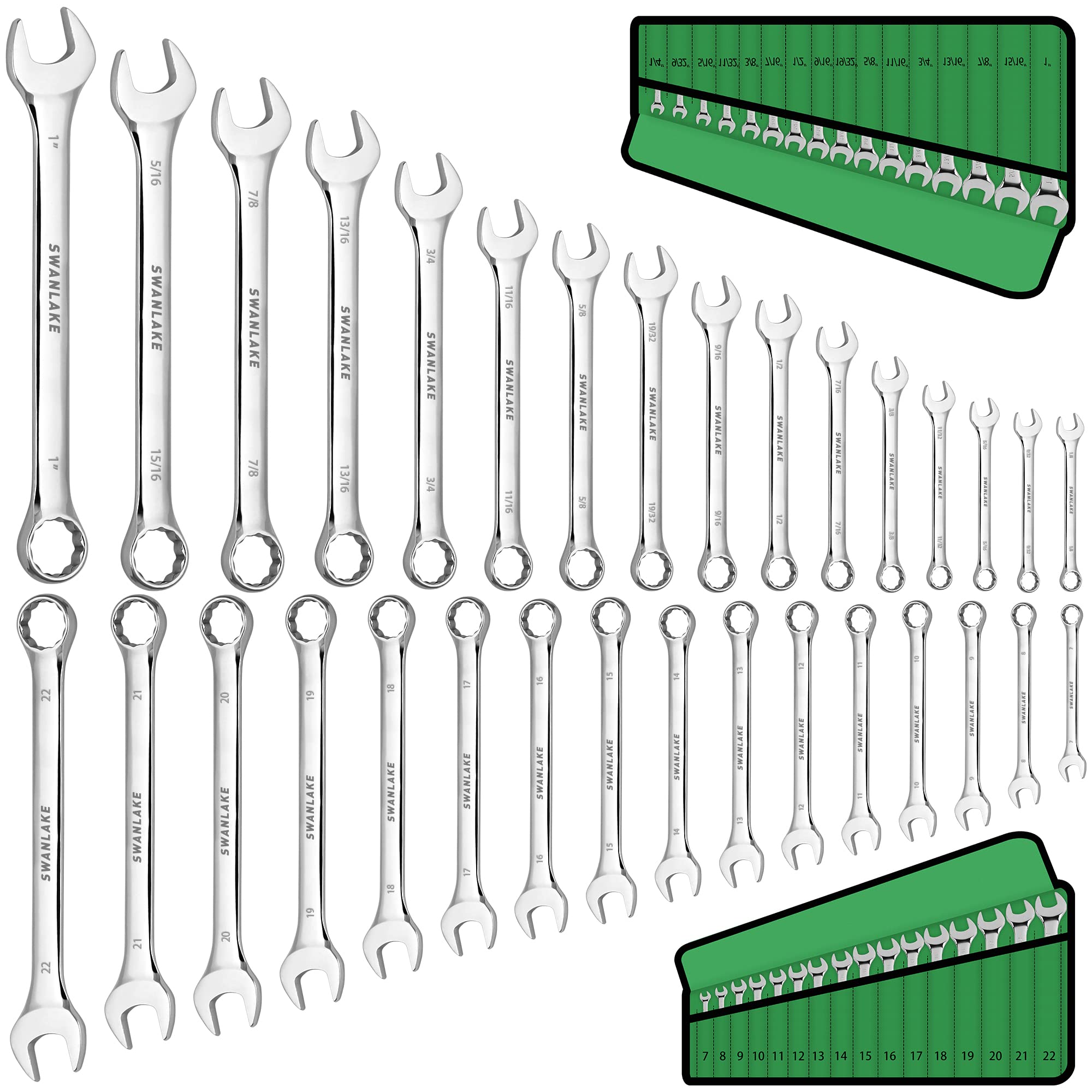 SWANLAKE 32-Piece Combination Wrench Set, SAE and Metric, 1/4"-1" & 7mm-22mm, 12 Point, Chrome Vanadium Steel