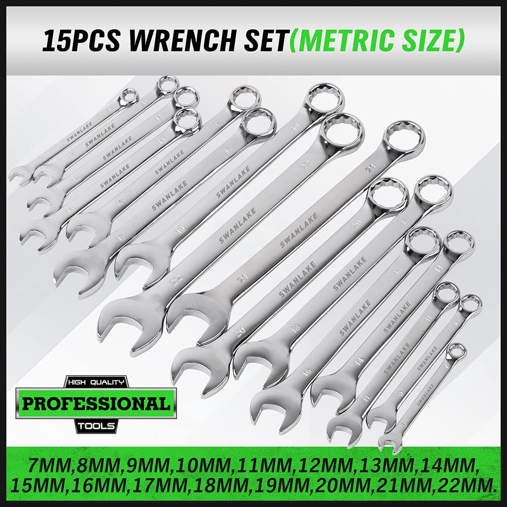 SWANLAKE 32-Piece Combination Wrench Set, SAE and Metric, 1/4"-1" & 7mm-22mm, 12 Point, Chrome Vanadium Steel