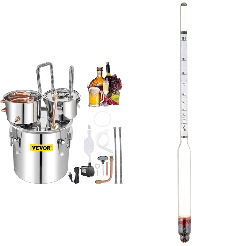 VEVOR Alcohol Still, 13.2Gal / 50L Stainless Steel Water Alcohol Distiller Copper Tube Home Brewing Kit Build-in Thermometer, Silver & Hydrometer - Alcohol, 0-200 Proof and Tralle