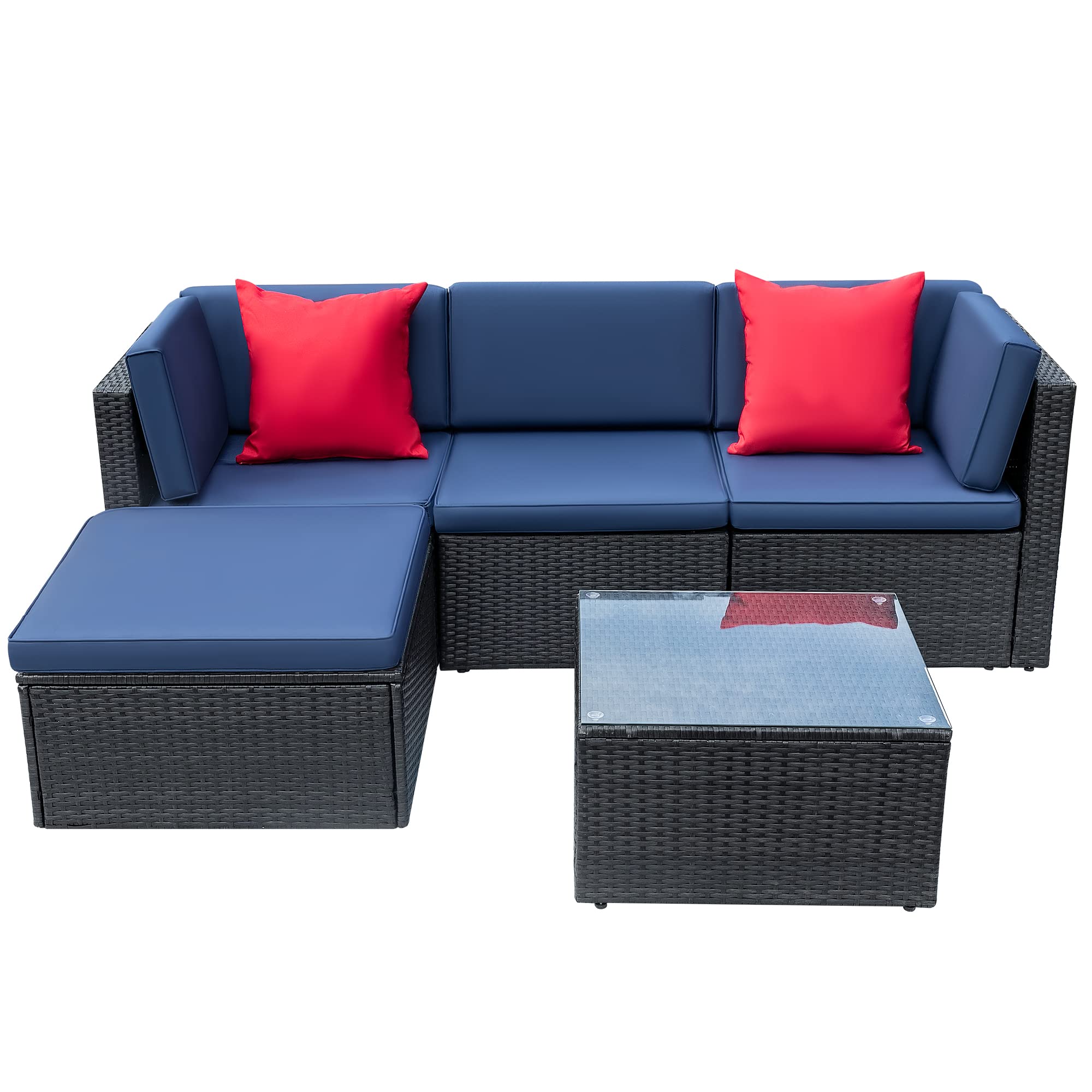 Devoko 5 Pieces Patio Furniture Sets All Weathevr Outdoor Sectional Patio Sofa Manual Weaving Wicker Rattan Patio Seating Sofas with Cushion and Glass Table (Navy Blue)