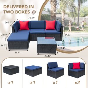 Devoko 5 Pieces Patio Furniture Sets All Weathevr Outdoor Sectional Patio Sofa Manual Weaving Wicker Rattan Patio Seating Sofas with Cushion and Glass Table (Navy Blue)