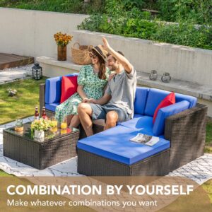 Devoko 5 Pieces Patio Furniture Sets All Weathevr Outdoor Sectional Patio Sofa Manual Weaving Wicker Rattan Patio Seating Sofas with Cushion and Glass Table (Navy Blue)