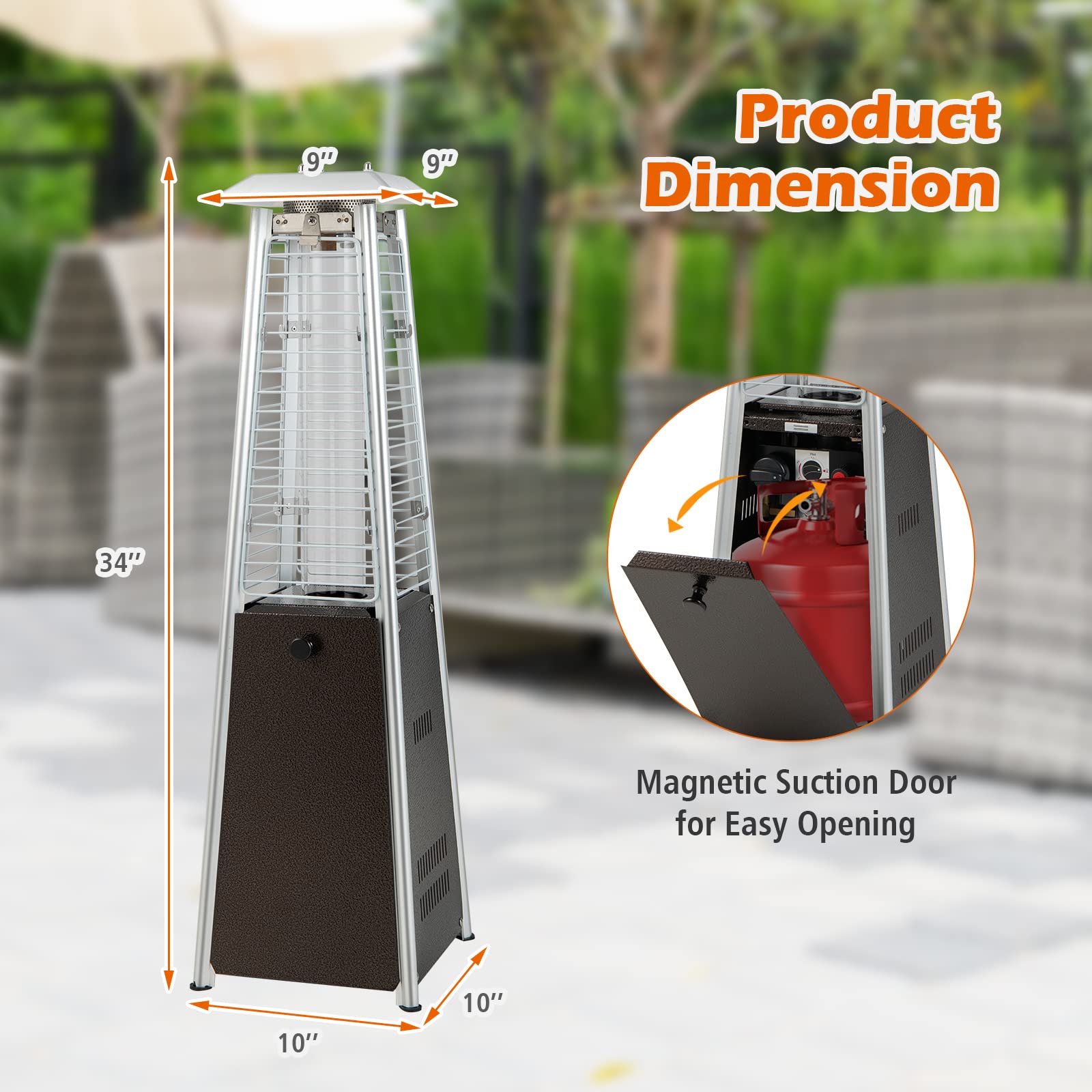 Tangkula Portable Patio Heater, 9500 BTU Outdoor Tabletop Heater with Stainless Steel Burner, Tip-Over & Flameout Protection, 34" Pyramid Mini Outdoor Heaters for Patio, Porch, Deck (Bronze)