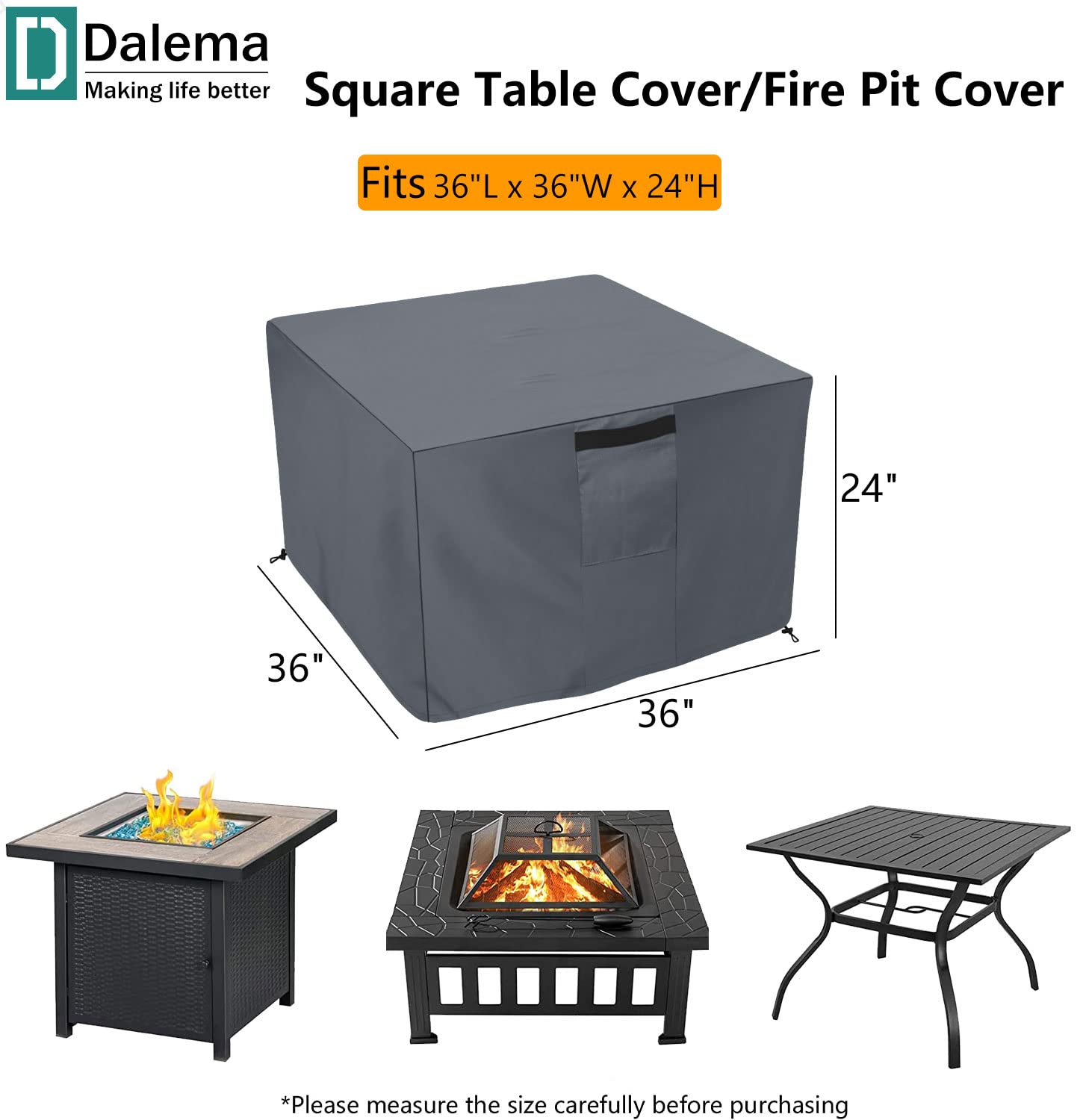 Dalema Patio Square Fire Pit Cover,600D Heavy Duty Waterpfoor Fire Pit Table Cover for 34-36Inch,Weatherproof Outdoor Square Table Covers for Winter(36" x 36" x 24",Grey)