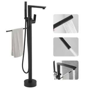 rumose tub filler freestanding bathtub faucet with 12.2 inches towel bar matte black floor mount tub faucet swivel spout high flow bathtub filler with handheld sprayer, towel rack