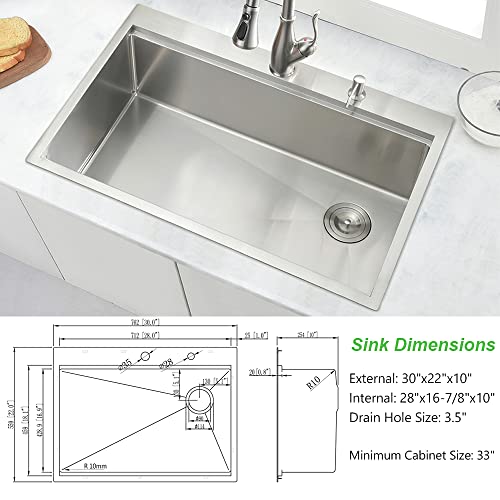 Jshozzy 30 Inch Drop in Kitchen Sink Workstation, 30x22 Drop-in Top Mount Kitchen Sink Stainless Steel Kitchen Sink Single Bowl Deep Kitchen Sink with Offset Drain