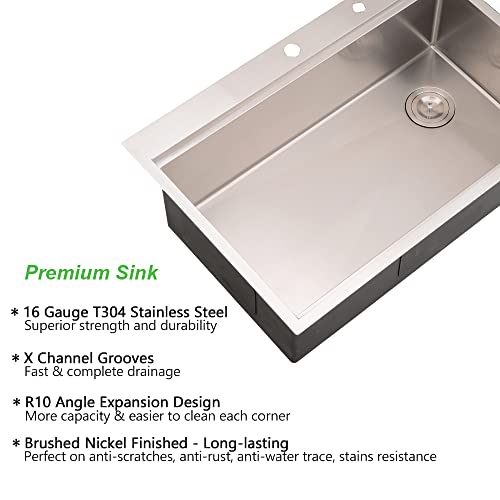 Jshozzy 30 Inch Drop in Kitchen Sink Workstation, 30x22 Drop-in Top Mount Kitchen Sink Stainless Steel Kitchen Sink Single Bowl Deep Kitchen Sink with Offset Drain