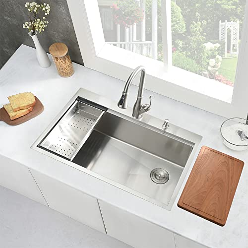 Jshozzy 30 Inch Drop in Kitchen Sink Workstation, 30x22 Drop-in Top Mount Kitchen Sink Stainless Steel Kitchen Sink Single Bowl Deep Kitchen Sink with Offset Drain