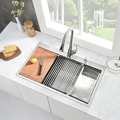 Jshozzy 30 Inch Drop in Kitchen Sink Workstation, 30x22 Drop-in Top Mount Kitchen Sink Stainless Steel Kitchen Sink Single Bowl Deep Kitchen Sink with Offset Drain