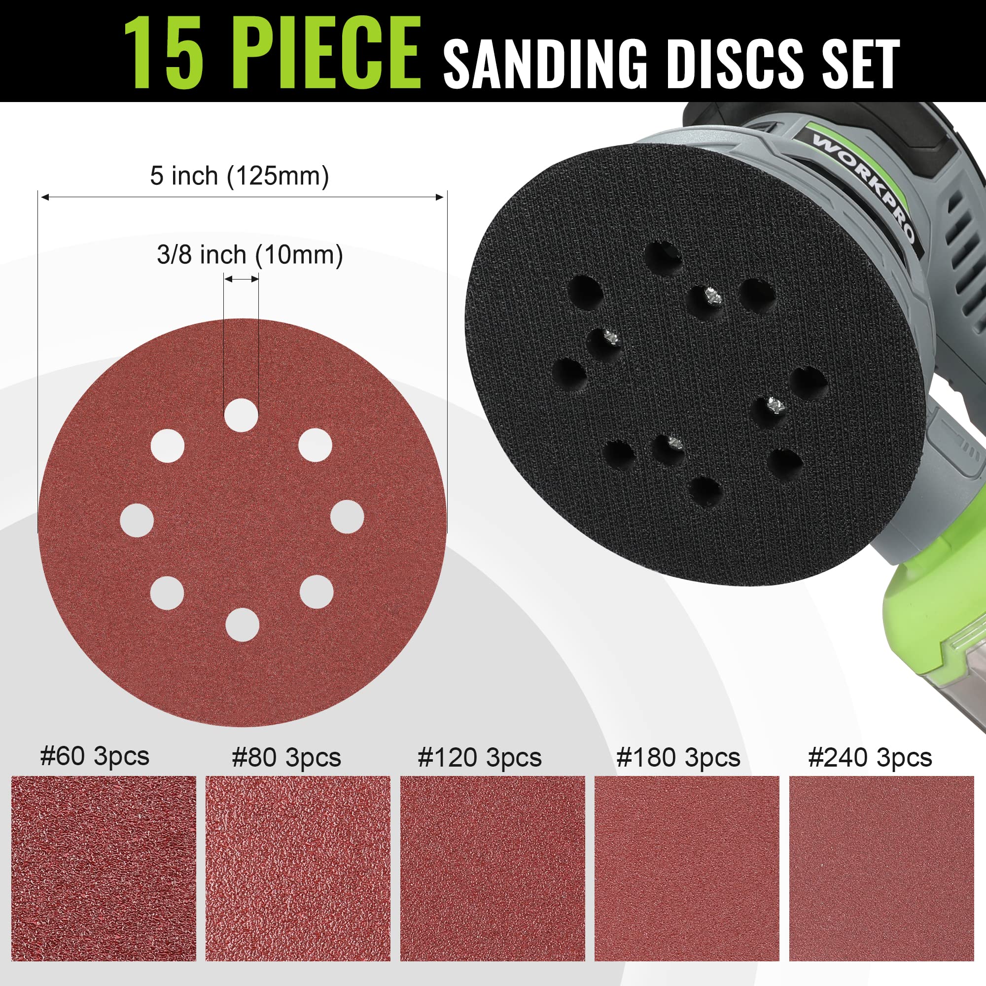 WORKPRO 150-piece Sanding Discs Set+WORKPRO 2.5 Amp Random Orbit Sander