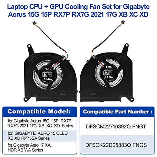 CPU+GPU Cooling Fan Replacement for Gigabyte Aorus 15G 15P RX7P RX7G 2021 RTX30 17G XB XC XD GIGABYTE AERO 15 OLED XB XD RP75SA Gigabyte Aero 17 XA HDR XB WA Series FNGT FNGS DC12V 1A Fan 10mm Thick