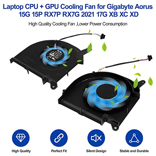 CPU+GPU Cooling Fan Replacement for Gigabyte Aorus 15G 15P RX7P RX7G 2021 RTX30 17G XB XC XD GIGABYTE AERO 15 OLED XB XD RP75SA Gigabyte Aero 17 XA HDR XB WA Series FNGT FNGS DC12V 1A Fan 10mm Thick