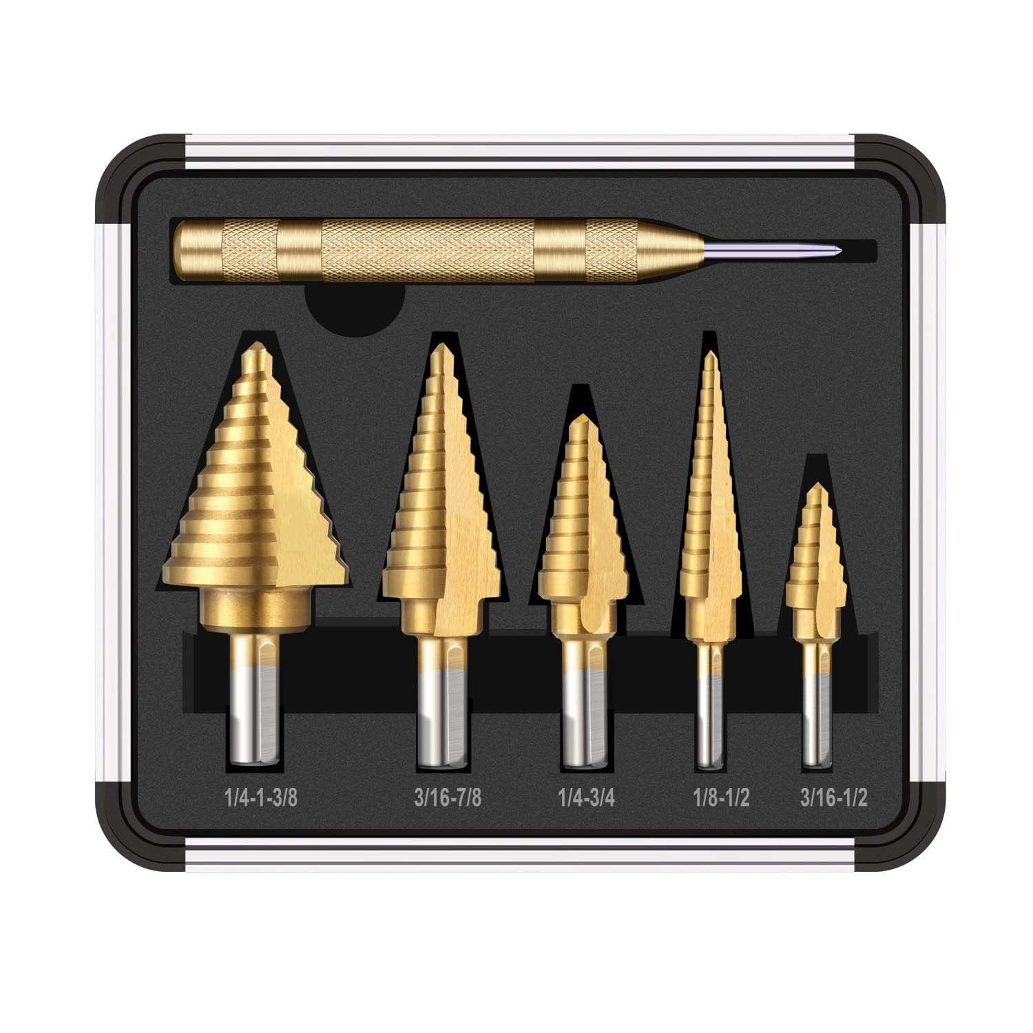 Step Drill Bit Set, 5 Pcs Titanium Coated High Speed Steel Step Drill Bits with 1 Pc Automatic Center Punch for Drilling Sheet Metal, DIY Project