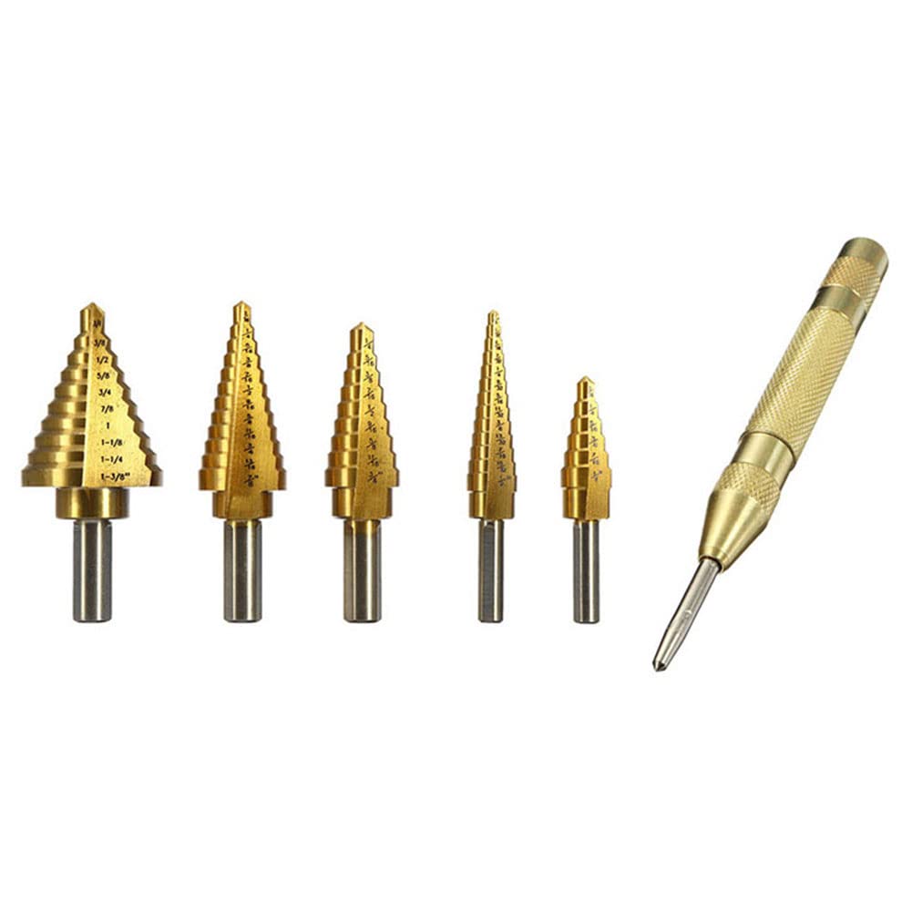 Step Drill Bit Set, 5 Pcs Titanium Coated High Speed Steel Step Drill Bits with 1 Pc Automatic Center Punch for Drilling Sheet Metal, DIY Project