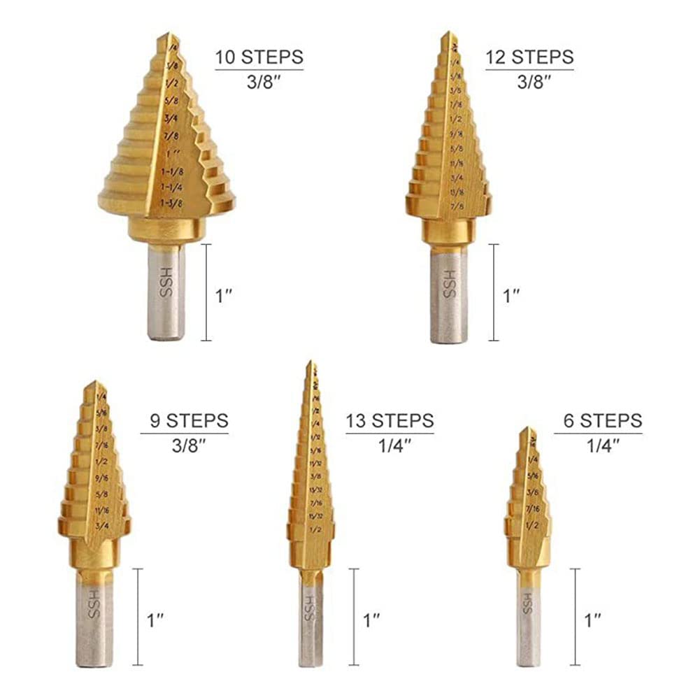 Step Drill Bit Set, 5 Pcs Titanium Coated High Speed Steel Step Drill Bits with 1 Pc Automatic Center Punch for Drilling Sheet Metal, DIY Project