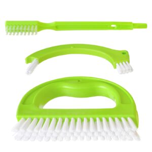 grout cleaner brush with handle - set of 3 green tile joint scrub brushes for deep cleaning - kitchen bathroom window door track stove tops seams shower floor lines - homeowners professionals diyers