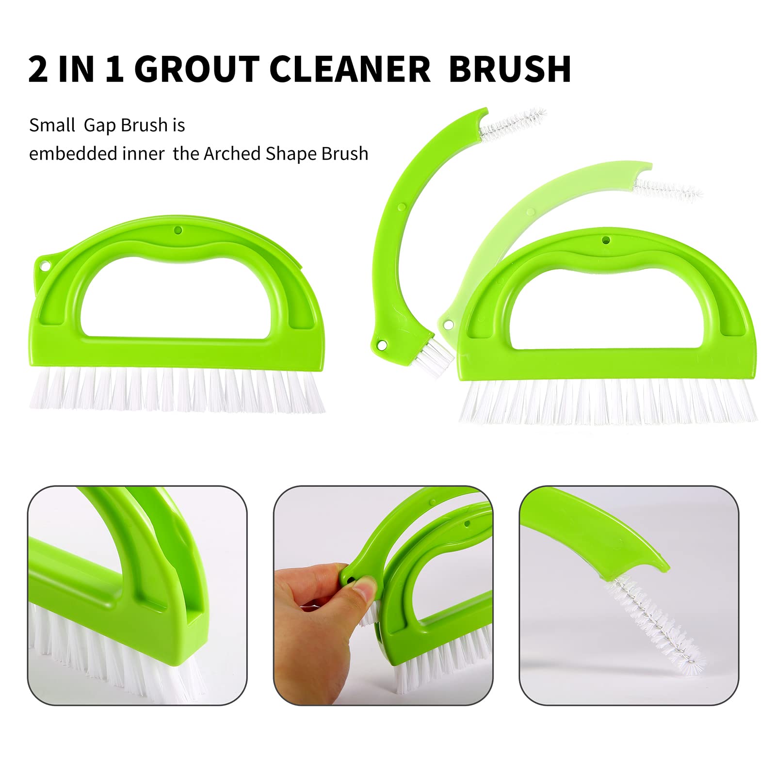 Grout Cleaner Brush with Handle - Set of 3 Green Tile Joint Scrub Brushes for Deep Cleaning - Kitchen Bathroom Window Door Track Stove Tops Seams Shower Floor Lines - Homeowners Professionals DIYers